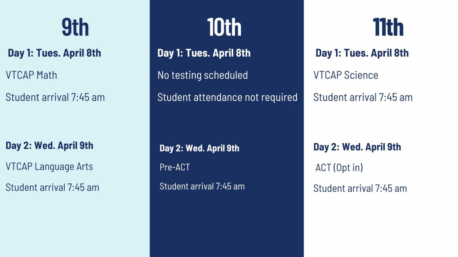 Spring Assessment Schedule on April 8th and 9th